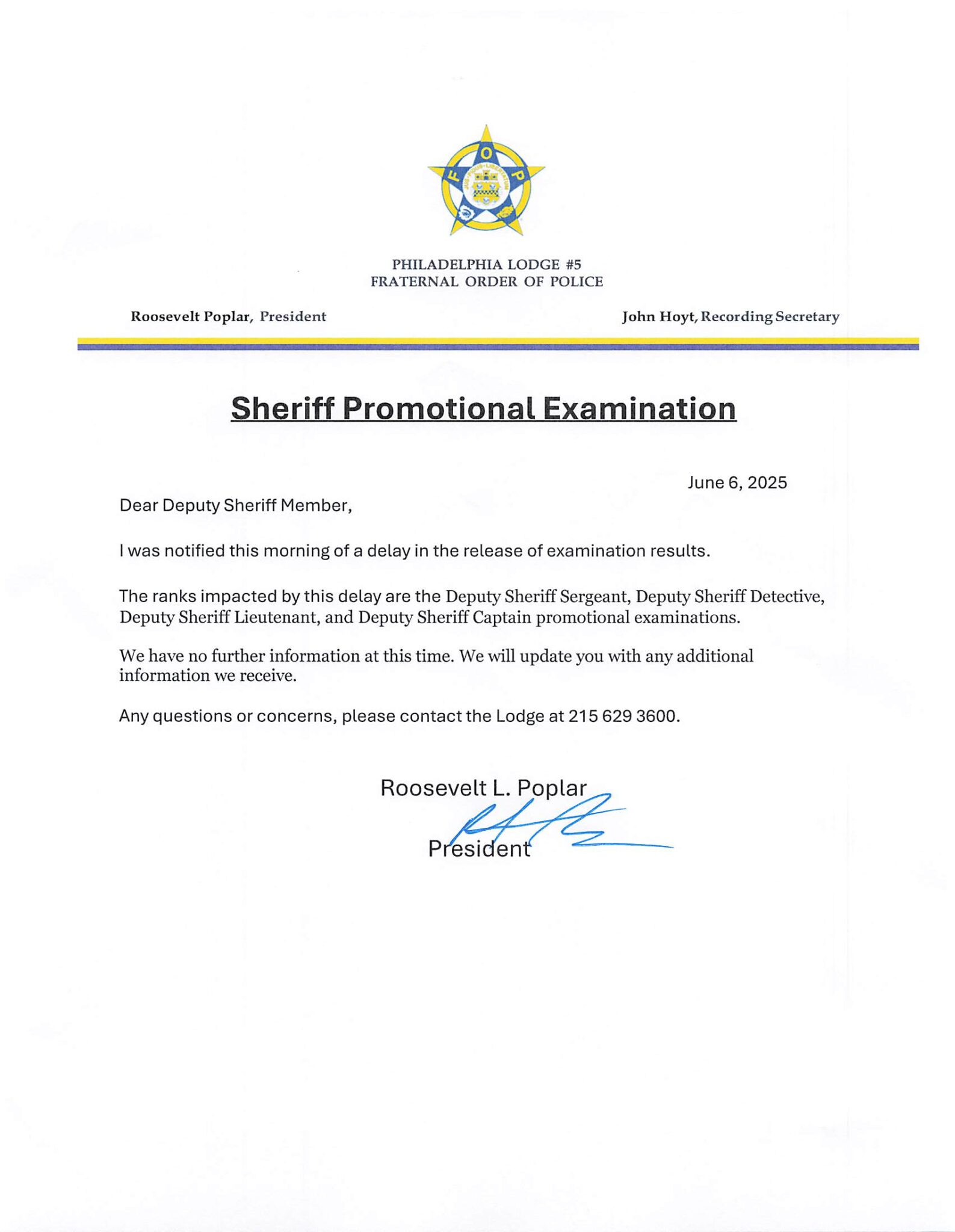 Update on Sheriff Promotional Examination Results - FOP LODGE 5