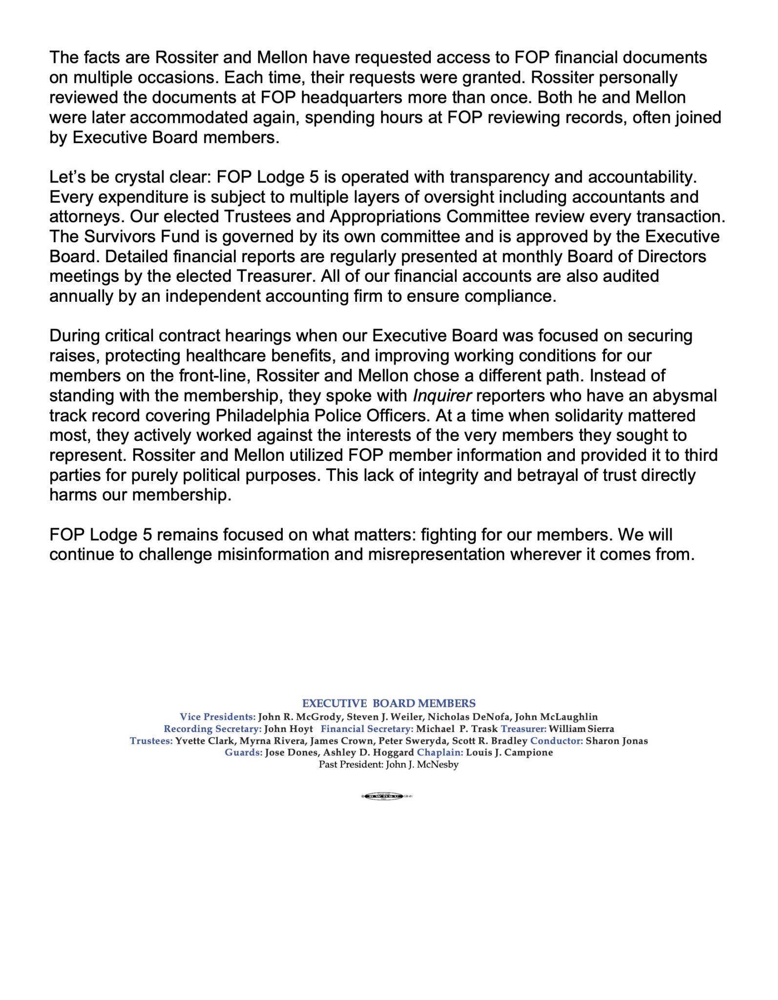 Statement on the latest Philadelphia Inquirer Hit Piece - FOP LODGE 5